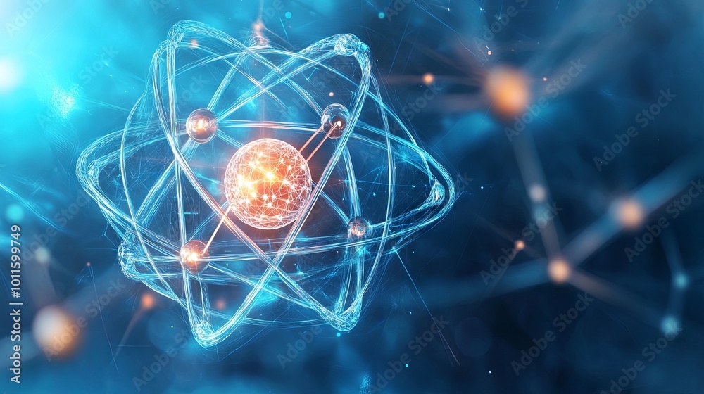 Illustration of an atom with a detailed nucleus and orbiting electrons, symbolizing the ...