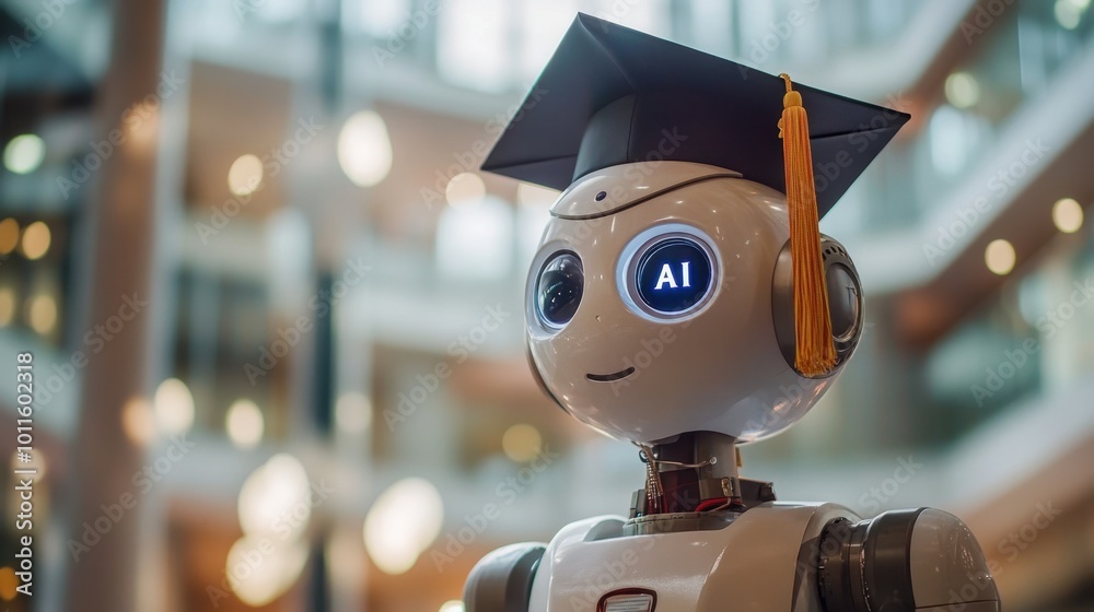 AI robot wearing a graduate cap graduated from university, artificial ...
