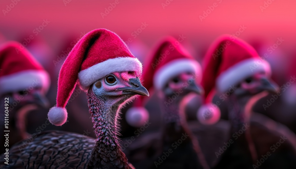 A flock of wild turkeys wearing bright red Santa hats, foraging in a ...