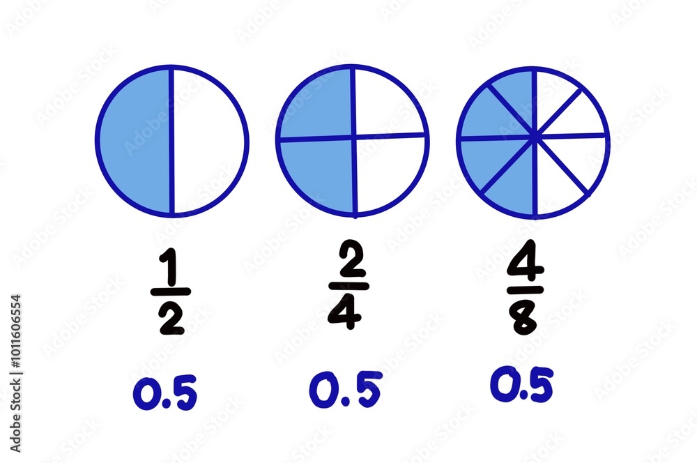 Hand draw picture of circles with divided parts to show fraction and ...