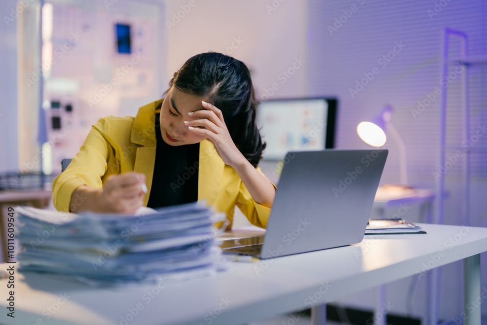 Stressed businesswoman having a headache while working on a laptop and ...