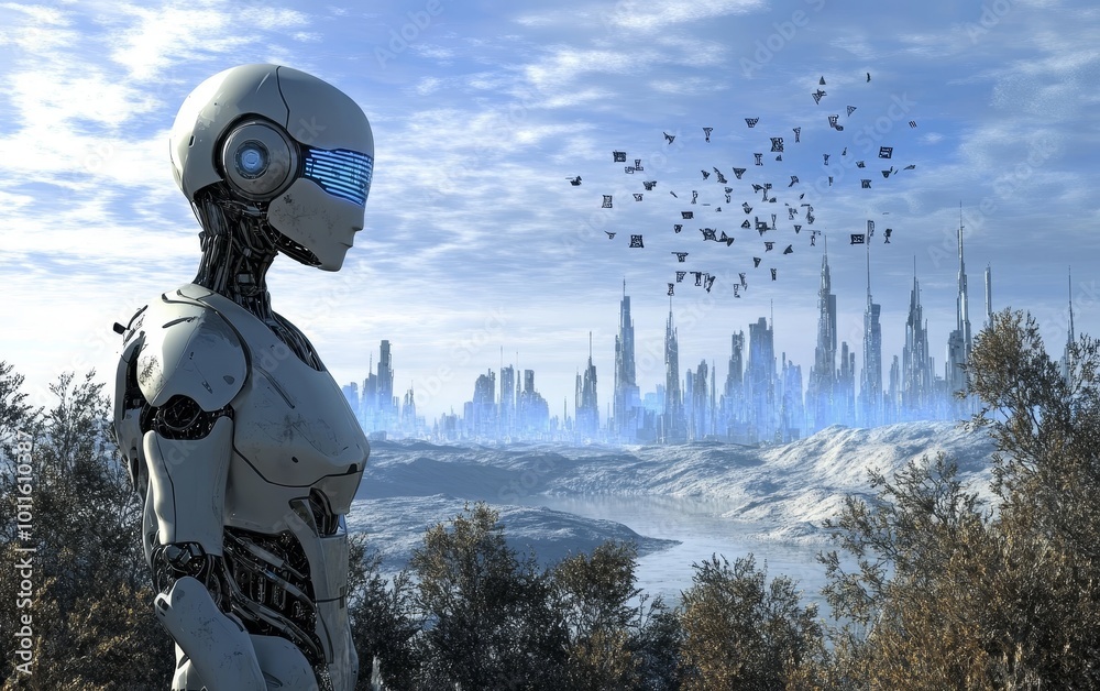 A futuristic robot gazes over a sprawling, advanced cityscape with ...