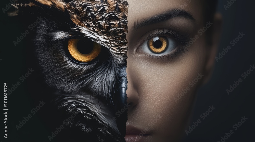 A young womans face transforming into an owls, with one eye human and ...