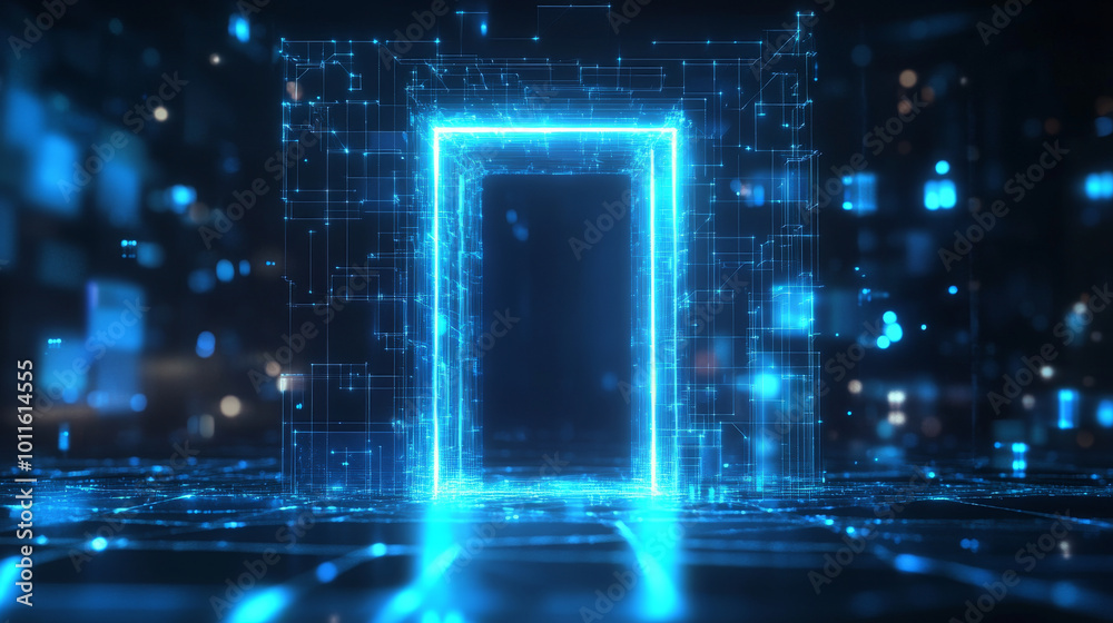 A glowing blue doorway, made of digital shapes, opens into a futuristic ...