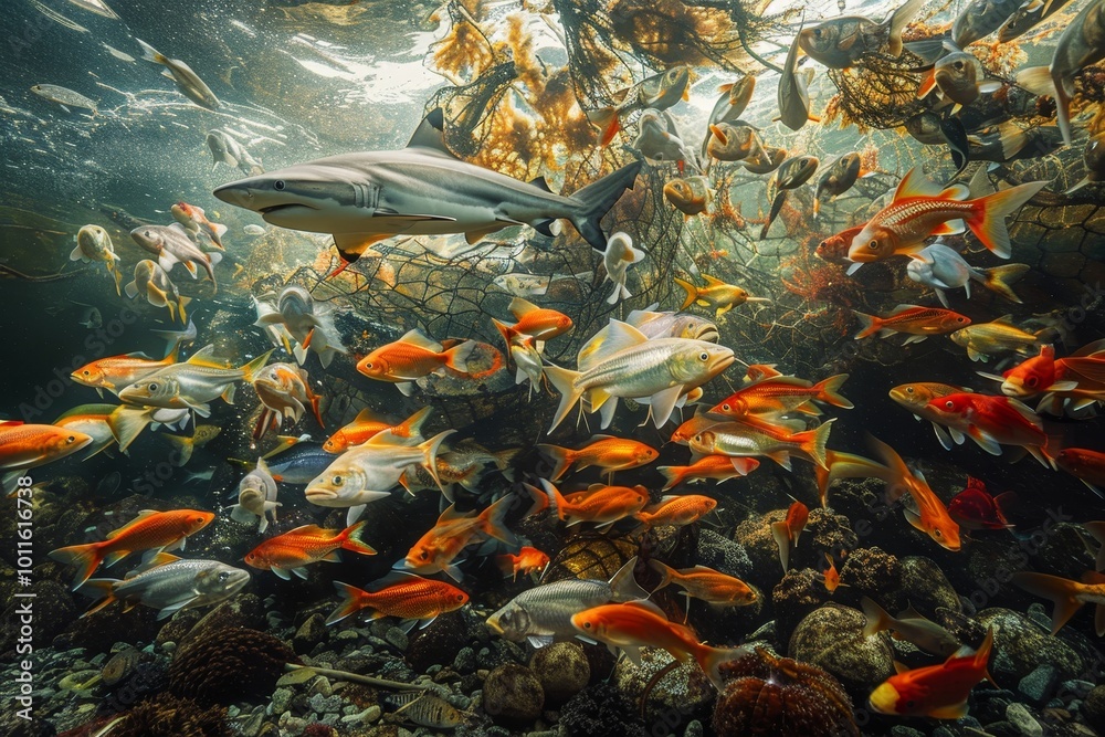 Haunting underwater scene depicting marine life entangled in fishing ...