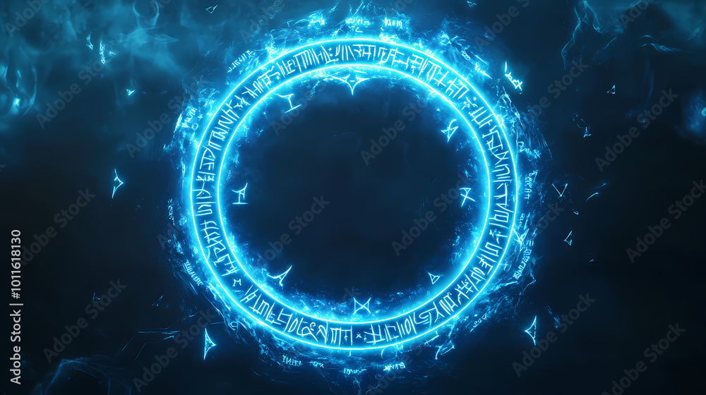 Blue magic runes in a circle. spell effect with ancient fantasy writing ...