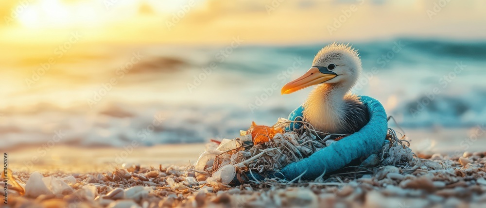 Design a close-up wallpaper of a sea bird entangled in plastic waste on ...