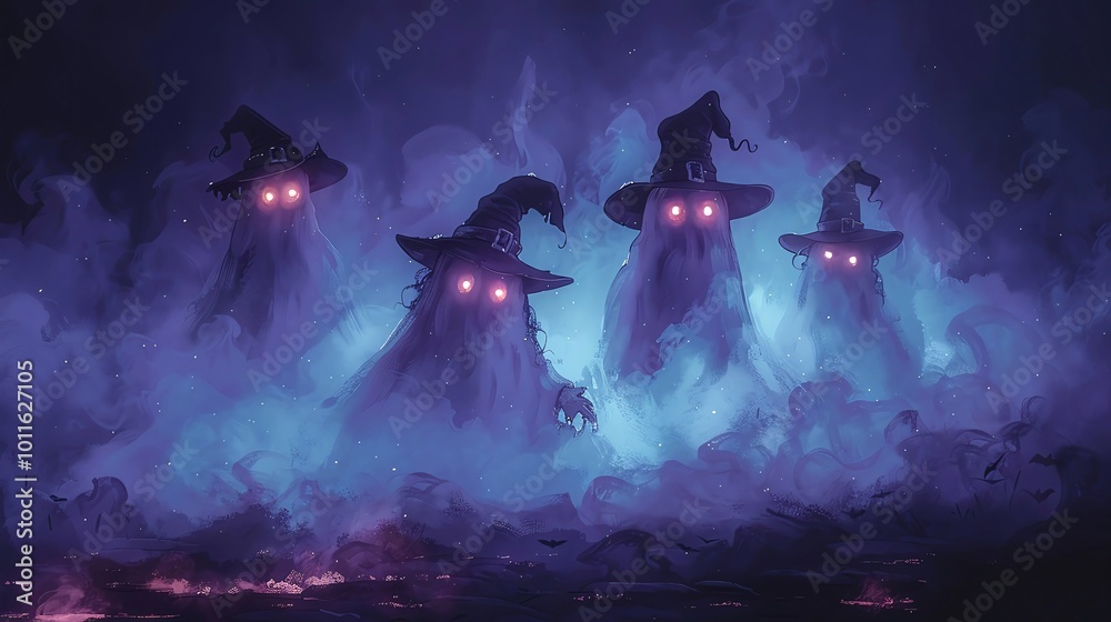 Ghosts with hats floating at the border, in a 2D spooky whimsical style ...