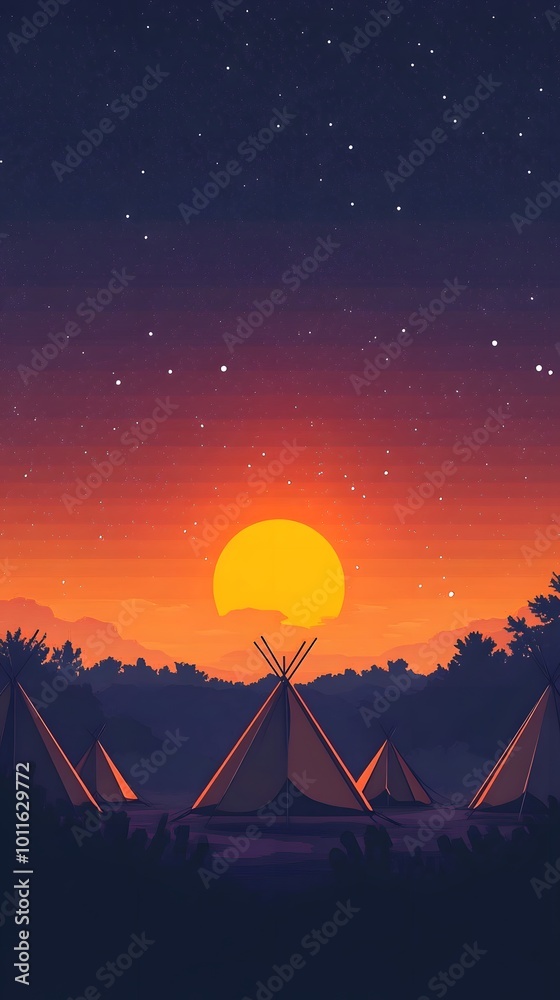 Minimalist vector art of the setting sun and moon, simple shapes ...