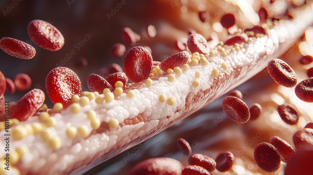 Blood cells with cholesterol clusters, detailed arterial structure, 3D ...