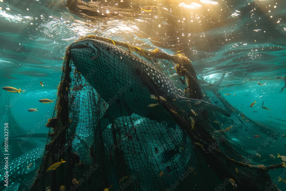 Haunting underwater scene of marine life trapped in a fishing net ...