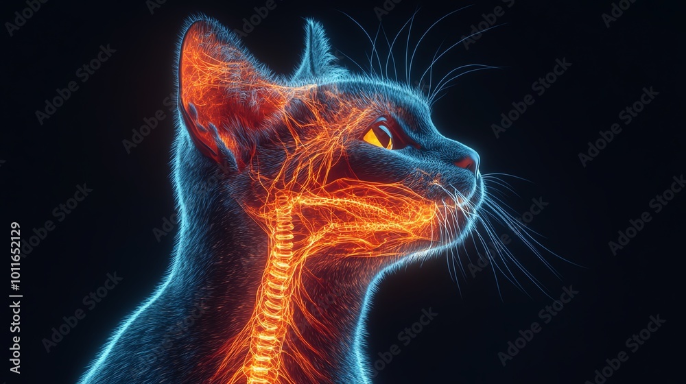 ภาพประกอบสต็อก Detailed view of a cat s nervous system with glowing ...