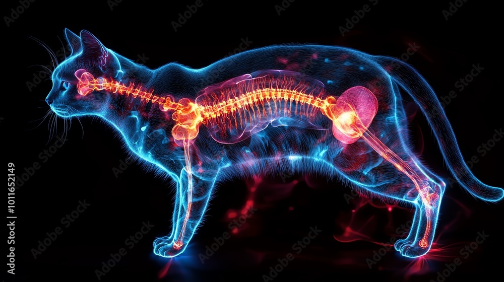 ภาพประกอบสต็อก Detailed view of a cat s nervous system with glowing ...
