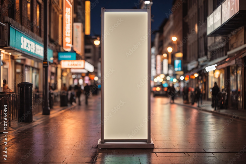 Mockup. Blank white vertical advertising banner billboard, Night City ...