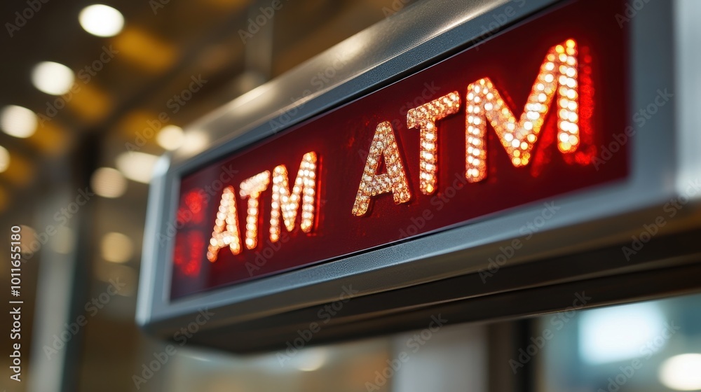 An illuminated ATM sign with red text prominently displayed, indicating ...