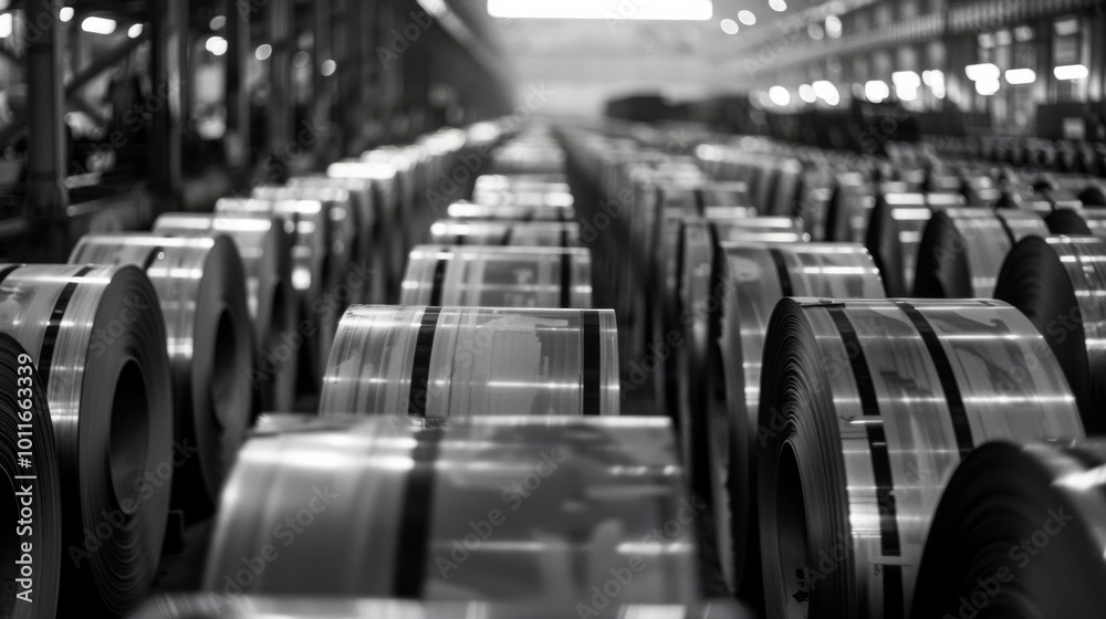 Rows of shiny metal coils in a large industrial setting convey mass ...