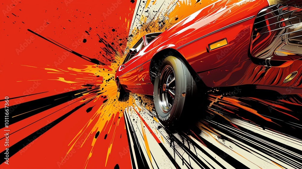 70s action movie poster with a blazing car crash, bold fonts and ...