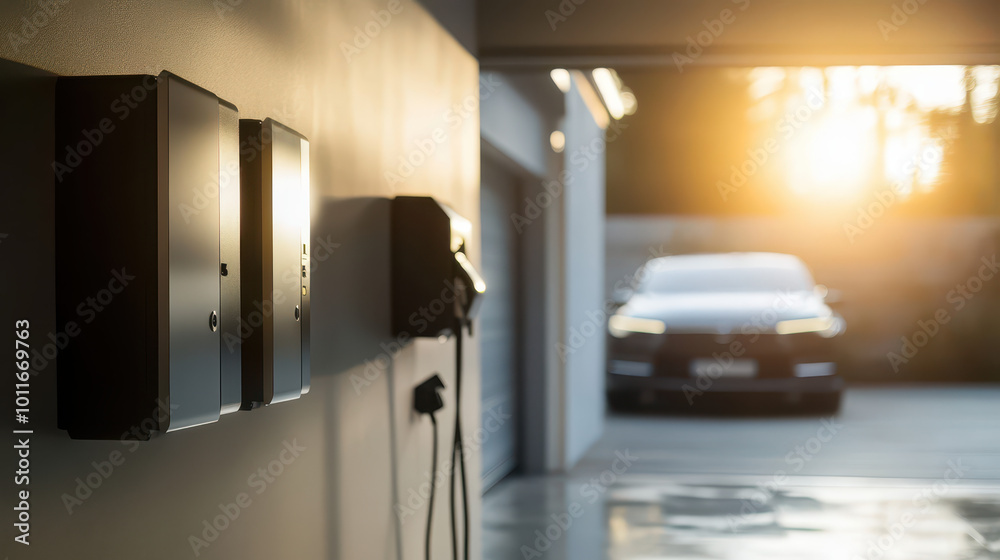 Contemporary garage featuring a stylish wall-mounted home battery ...