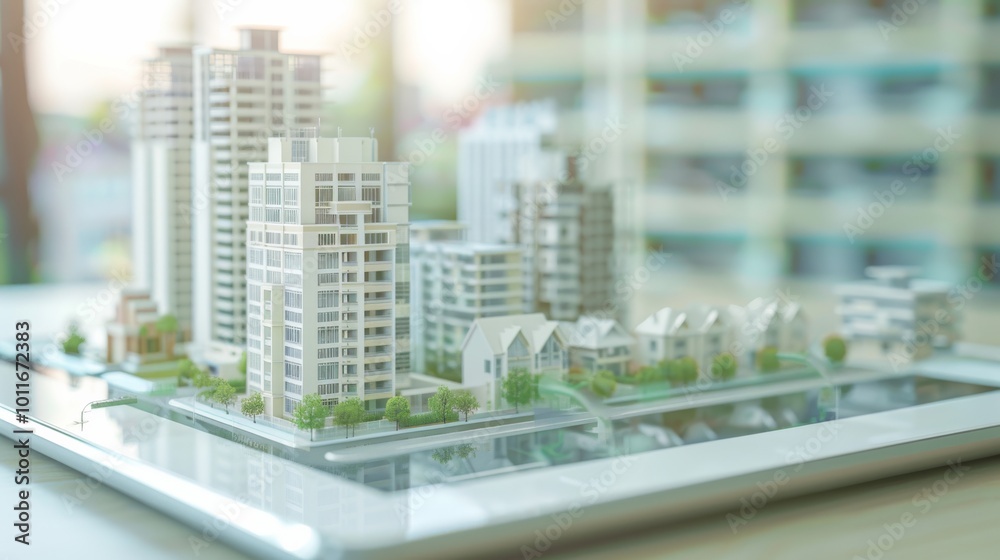 A detailed scale model of a modern city, displayed on a digital tablet ...