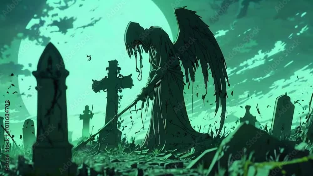 The Angel of Death stands still, shadow moves graveyard, bringing decay ...
