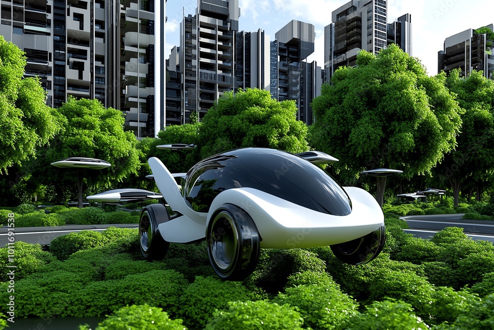 3D digital model of a futuristic city struggling with pollution and ...