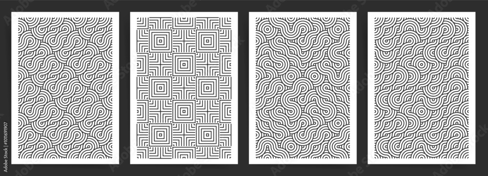 Minimal Wavy Line and Concentric Circle Pattern Set. Seamless Geometric ...