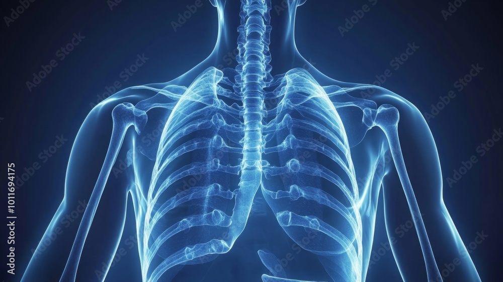 An X-ray image of the human thoracic cavity, showcasing the detailed ...