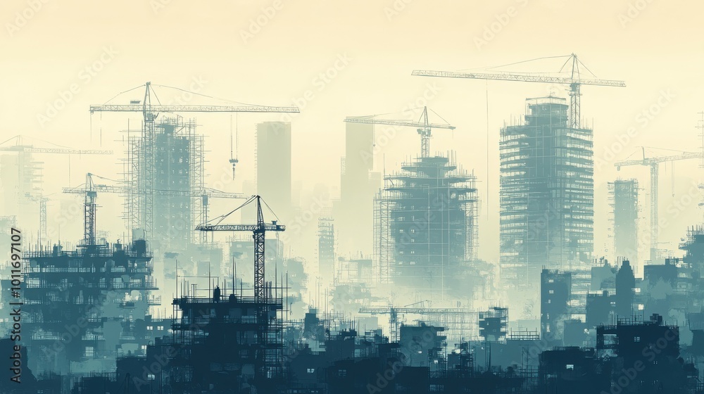 Detailed flat illustration of a construction site with cranes ...