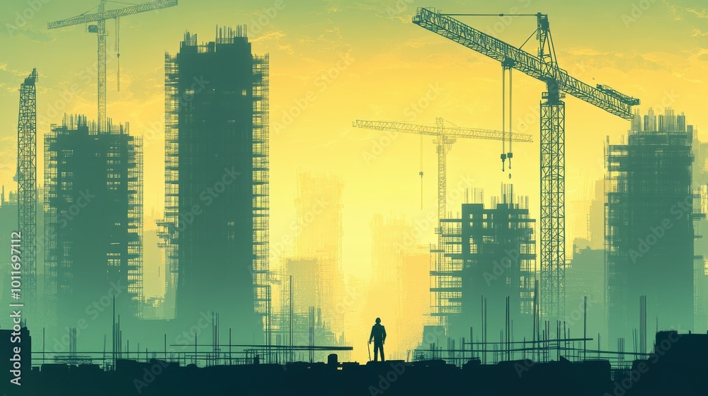 Detailed flat illustration of a construction site with cranes ...
