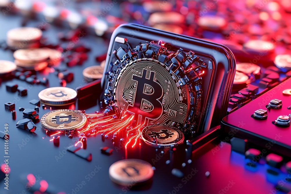 3D-rendered scene of a digital wallet being hacked, with cryptocurrency ...