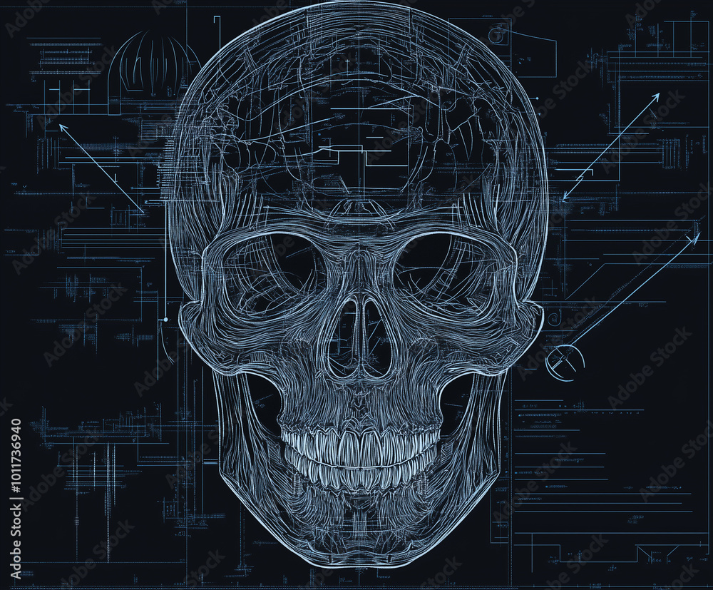 A skull blueprint, draft drawing, Halloween theme engineering drawing ...