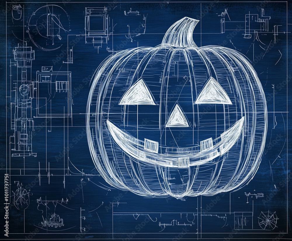 A jack o lantern halloween blueprint, draft drawing, pumpkin carving ...