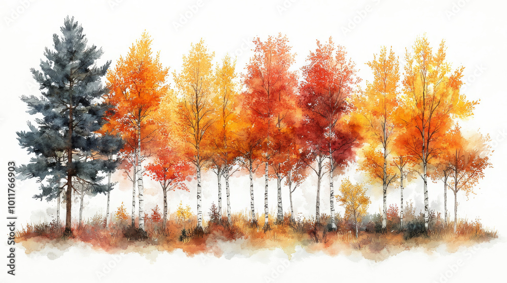Watercolor painting of fall trees with a single evergreen tree in the ...