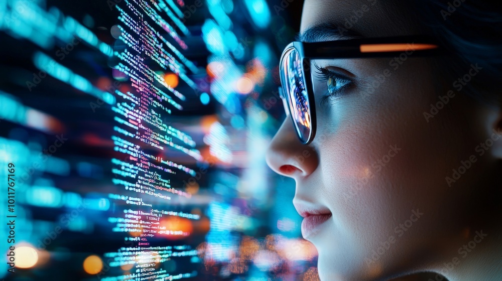 A woman in glasses intently reading HTML scripts on her computer screen, surrounded by holograms ...