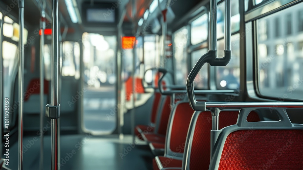 Interior view of a public transport bus with red seats and metal poles ...
