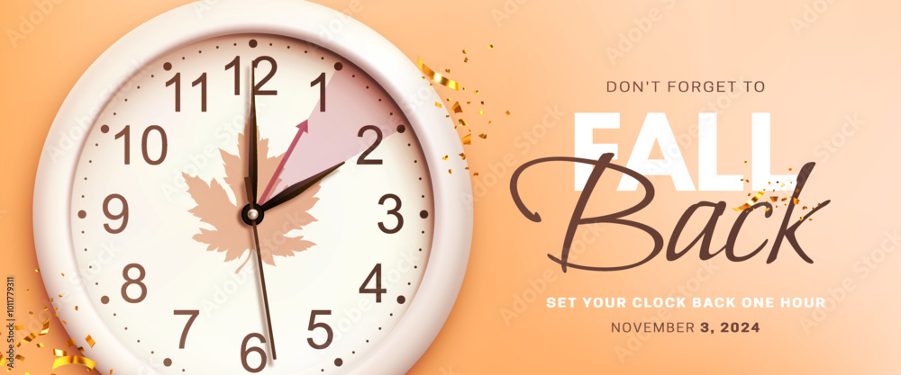 Daylight saving time ends. Fall back concept banner with realistic wall ...