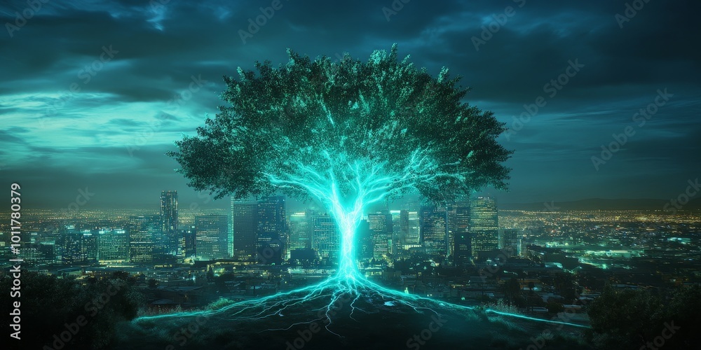 Tree of Business Success: Depict a glowing tree with branches ...