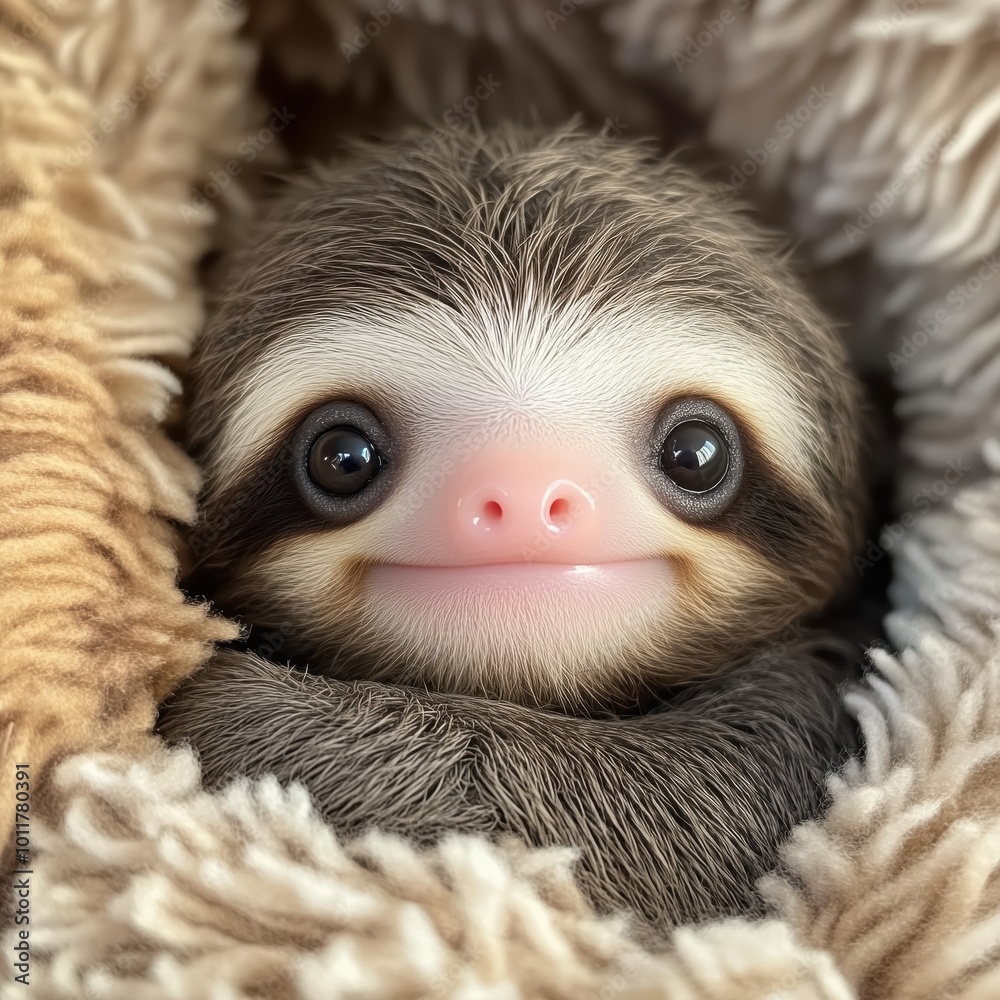 Sleepy Sloth: A baby sloth with big, curious eyes stares out from its ...