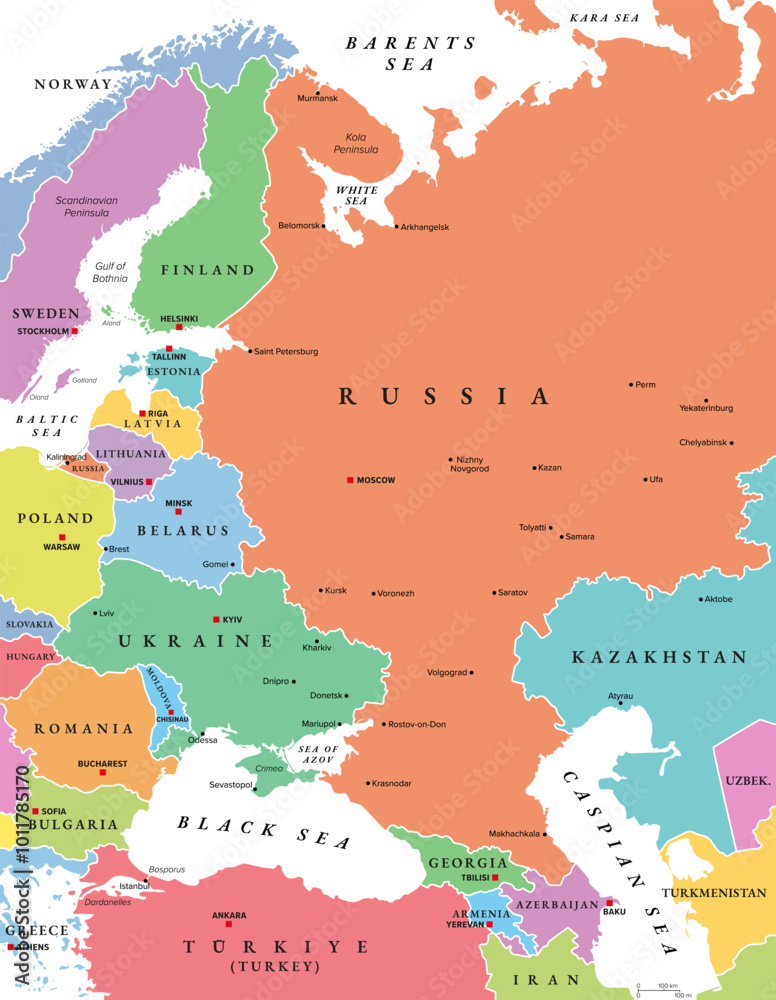 Eastern Europe and Western Asia, multi colored political map with ...