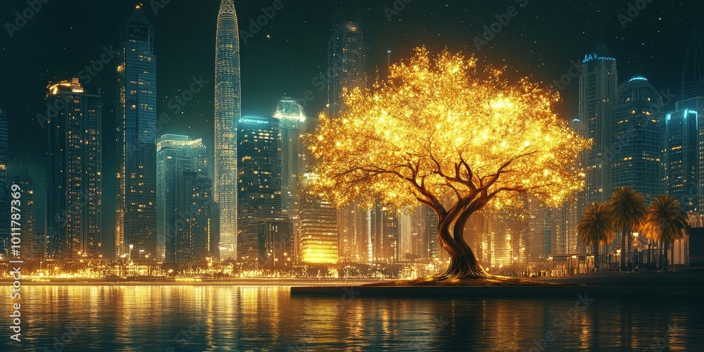 Tree of Business Success: Depict a glowing tree with branches ...
