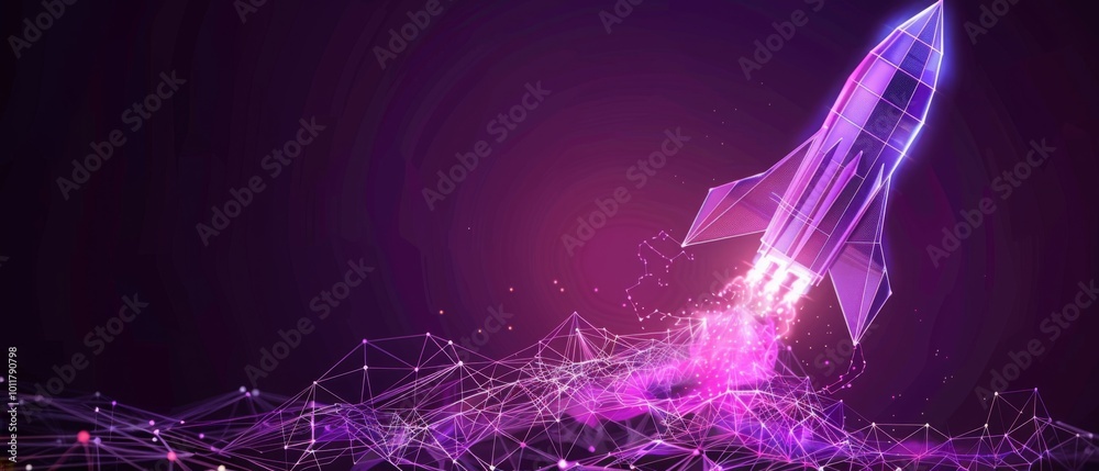 a purple digital rocket in low poly wireframe, space exploration and ...