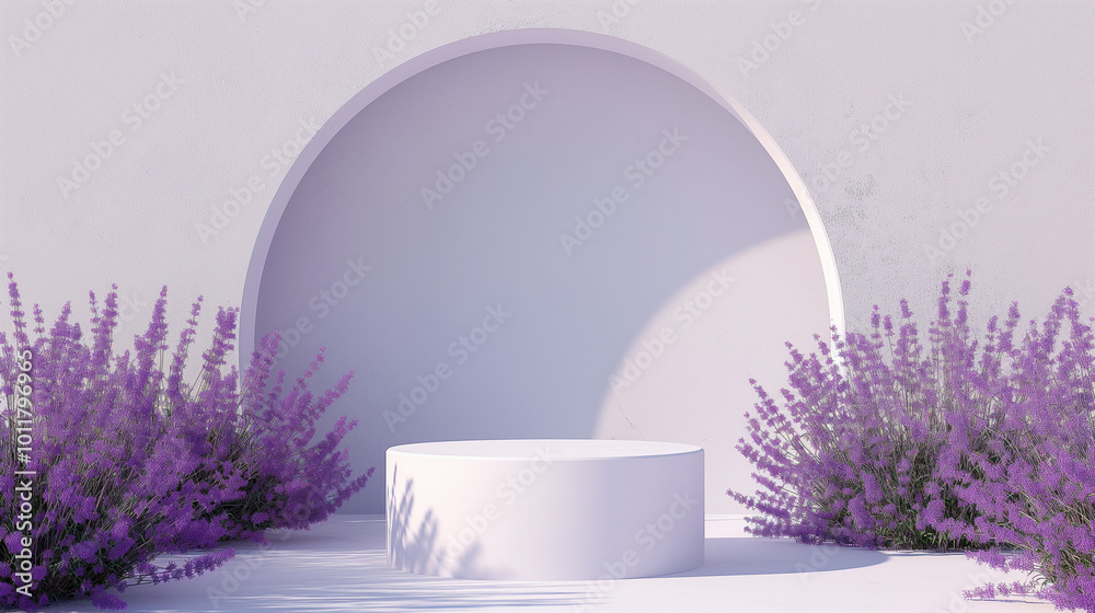 Elegant lavender garden setup with circular backdrop and platform in ...