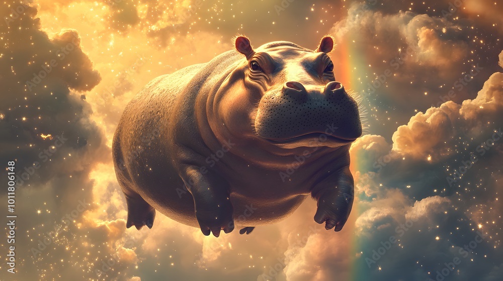 Small glossy hippo with smooth skin floating in a fantasy sky with a ...