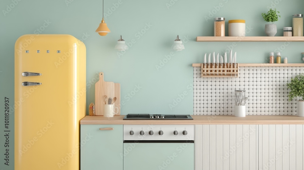 Mid-century modern kitchen with bold colors, retro-style appliances ...