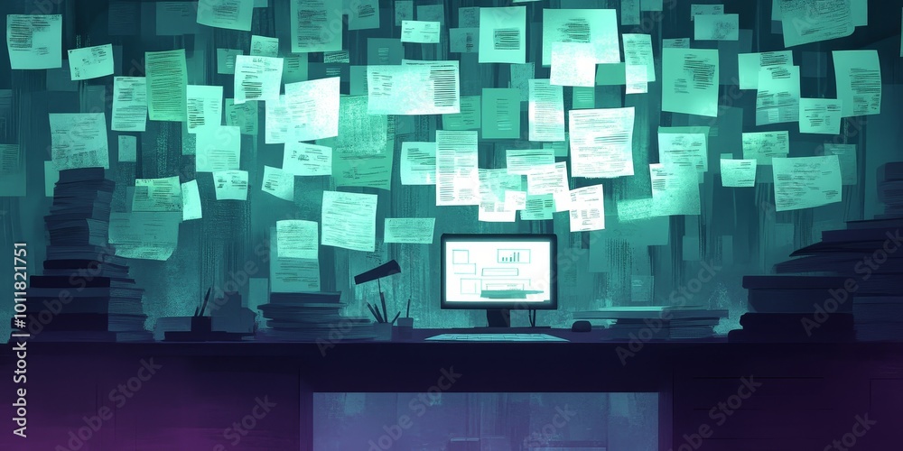 Information Overload: Illustrate a cluttered desk filled with papers ...