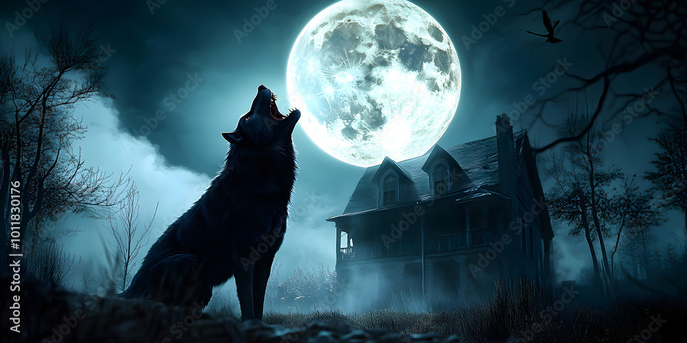 Howling werewolf under full moon in front of haunted house, werewolf ...