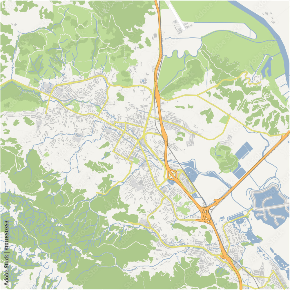 Map of Novato in California in a normal road map style. Contains ...