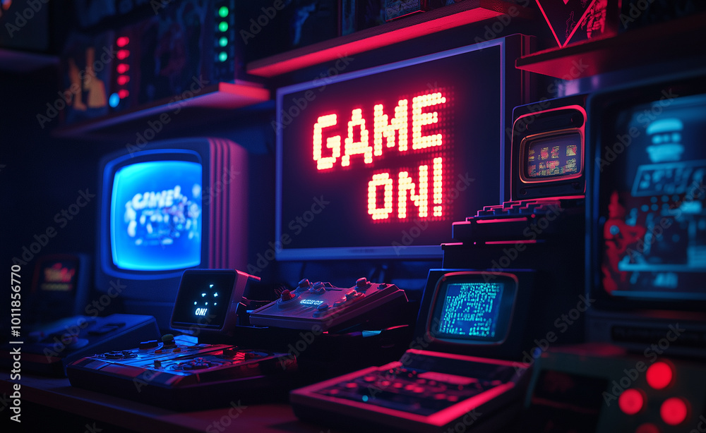 Neon-lit gaming setup with retro consoles, controllers, and a glowing ...