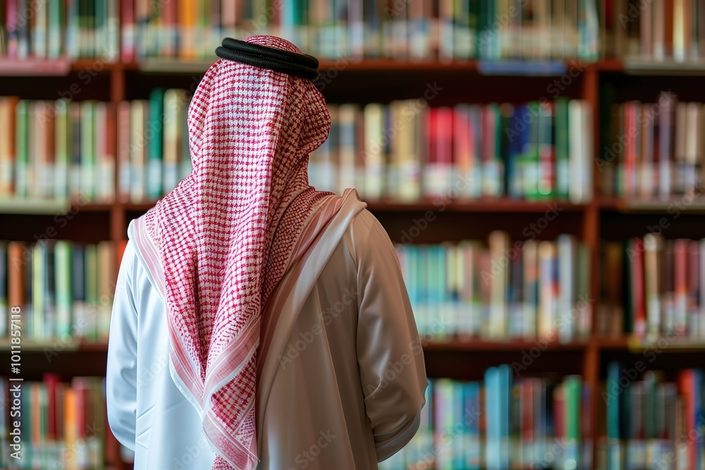 Back view Saudi Gulf Arab man wearing a traditional white thobe and red ...