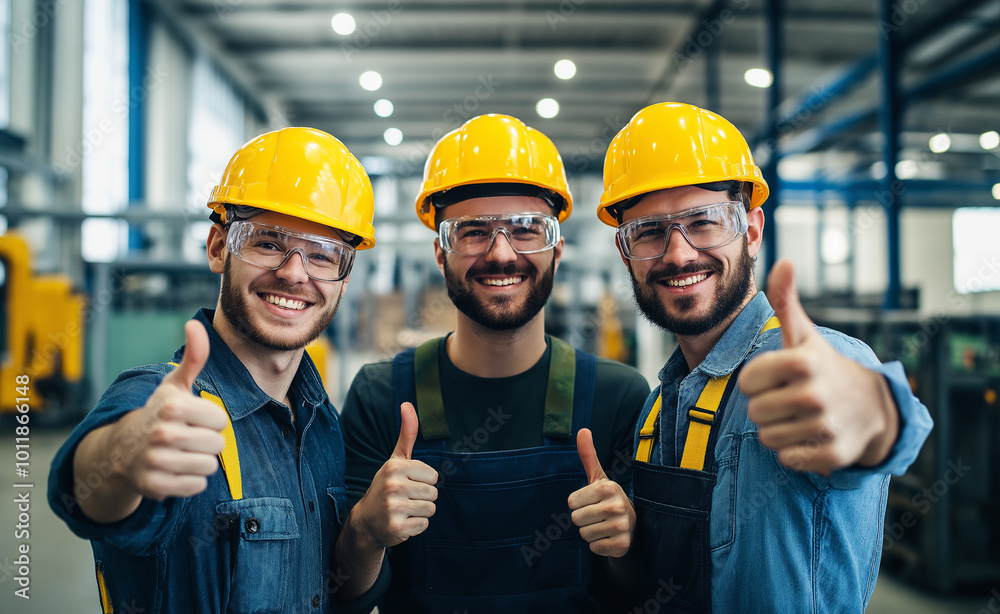 Three smiling construction workers wearing hard hats and safety vests, giving thumbs up in a ...
